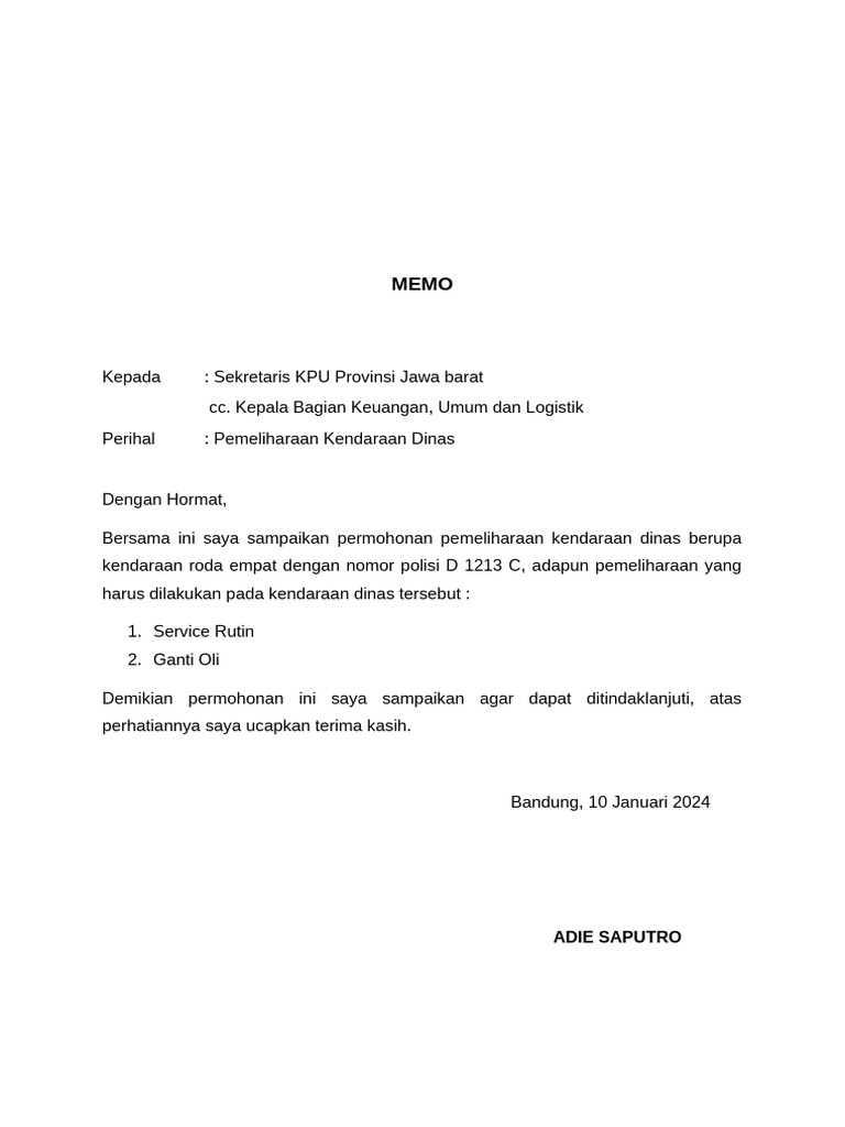 Memo Kendaraan (Adie) | PDF