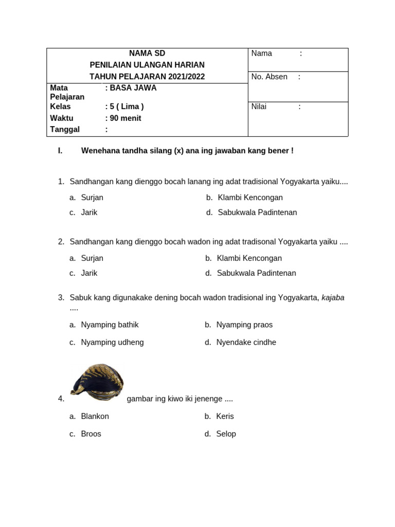 Soal Ulangan Harian Tema 2 Pakaian Tradisional | PDF