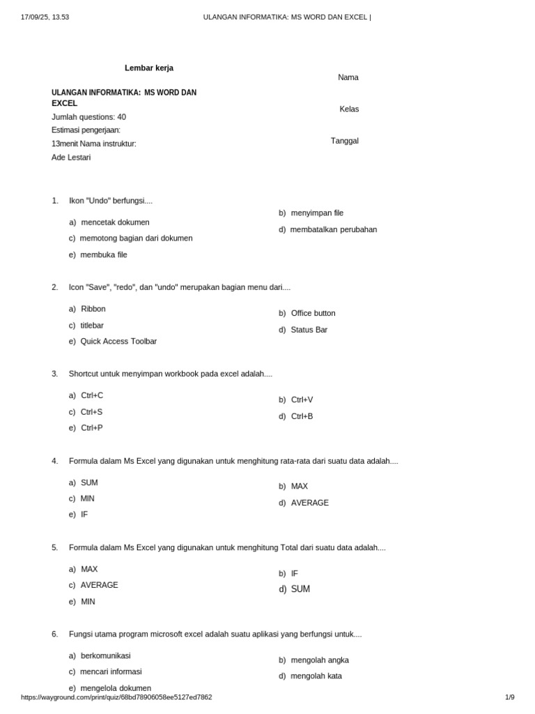 Ulangan Informatika: MS Word & Excel | PDF