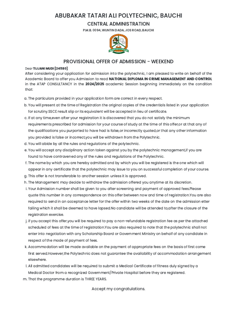 Admission Letter mudi | PDF