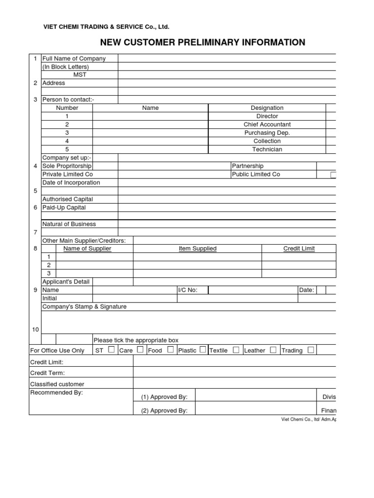 Vietchemi New Customer Preliminary Information | PDF | Hanoi | Business