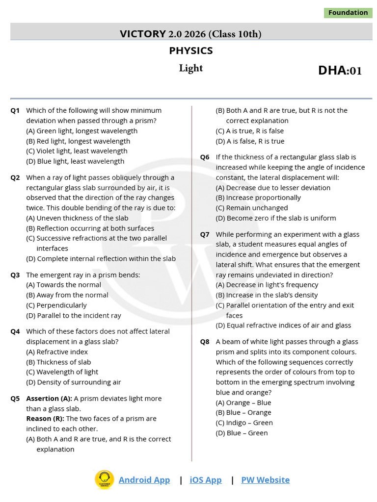 68b84714570b90fc3e71d6d7_##_Light : DHA 01 __ VICTORY 2.0 2026 (Class 10th) | PDF | Refractive ...