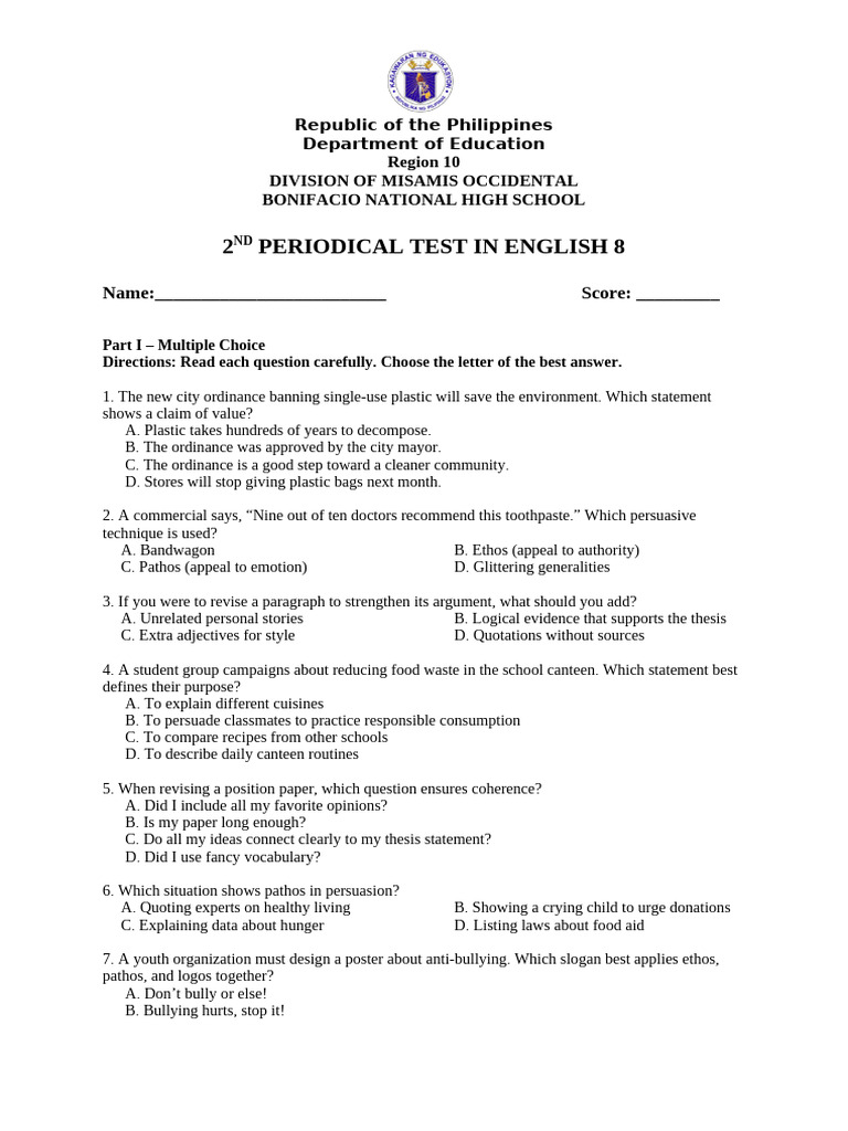 DTC - PT - q2 English 8 Matatag With Tos Key | PDF | Essays | Human ...
