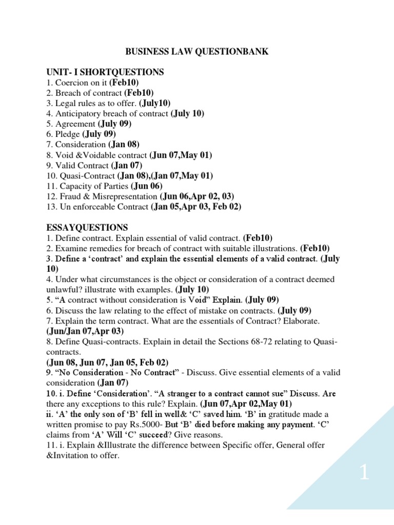 Business Law Questionbank Unit-I Shortquestions | PDF | Negotiable ...