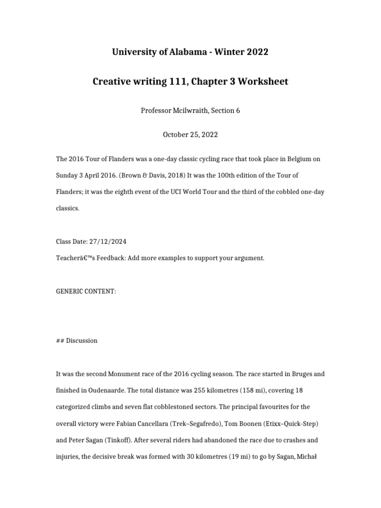 Creative Writing 111 Chapter 3 Worksheet | PDF | Uci World Tour | Uci ...