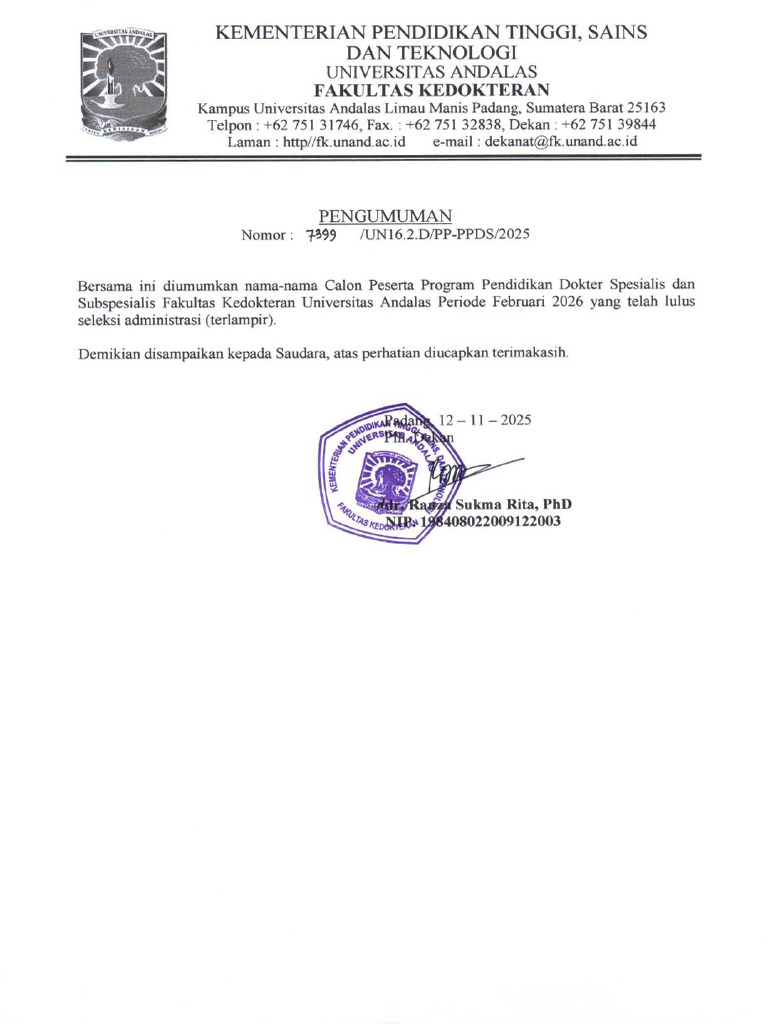 Hasil Seleksi Adm CPPDS Sp1 dan Sp2 FK UNAND Periode Februari 2026 | PDF