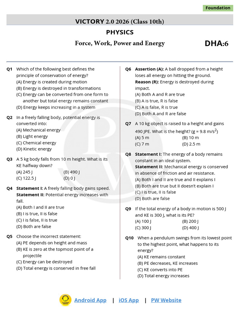 Energy Conservation Quiz for Physics | PDF | Physics | Physical Quantities