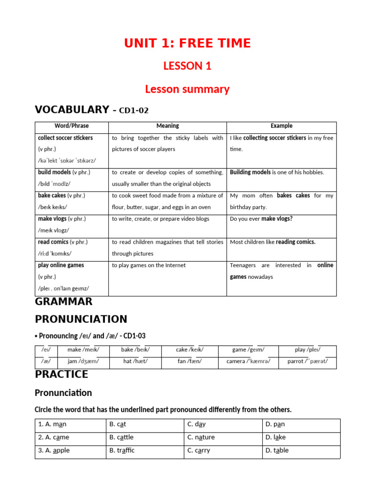 BỒI DƯỠNG ANH 7 i-LSW7 UNIT 1.FREE TIME | PDF | Cakes