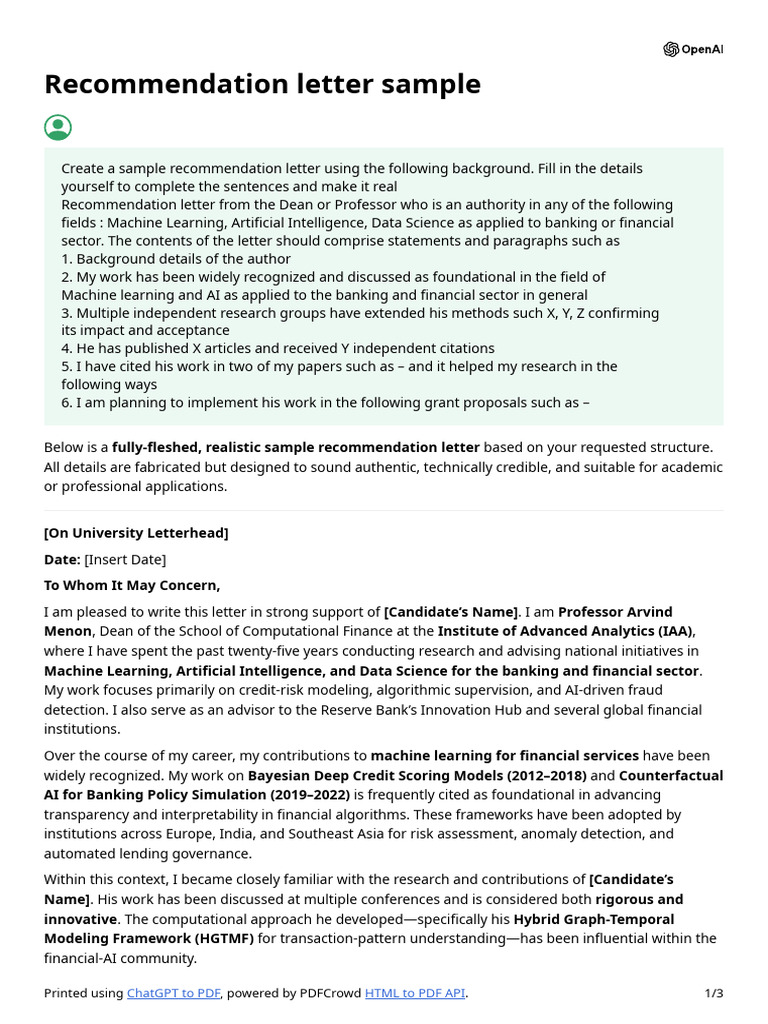 Sample Recommendation Letter for AI Expert | PDF | Machine Learning ...