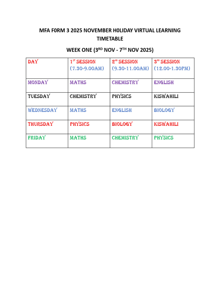 Mfa f0rm 3 2025 November H0liday Virtual Learning Timetable | PDF