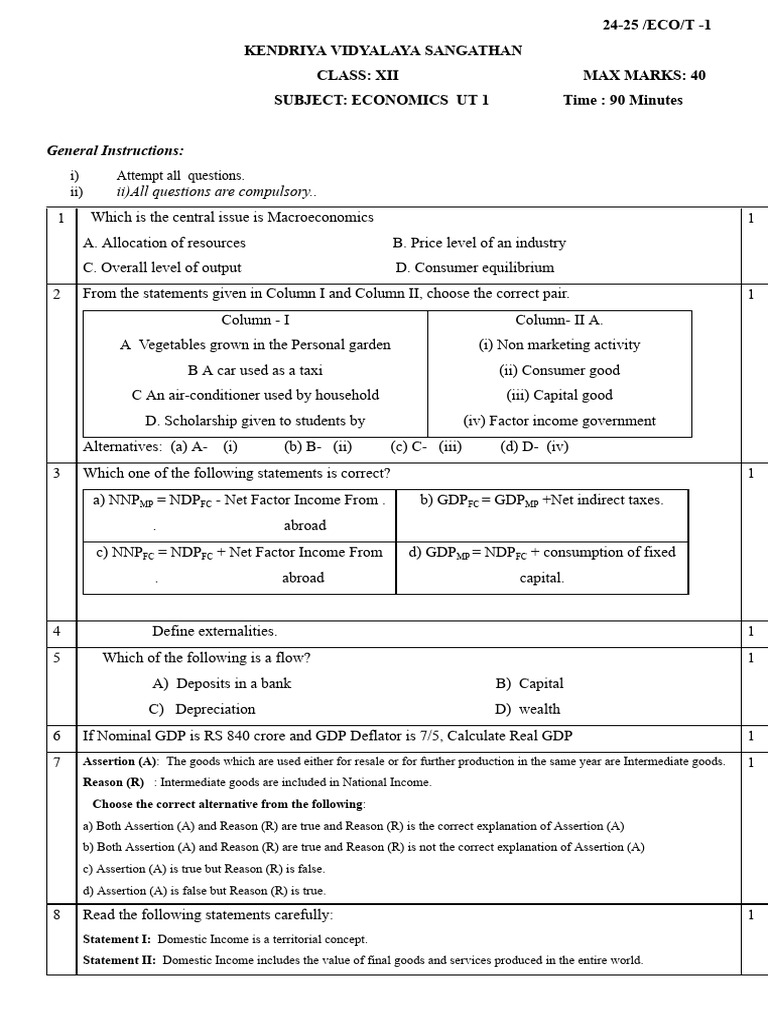 Class Xii Economics Ut 1 Question Paper | PDF | Income | Gross Domestic ...