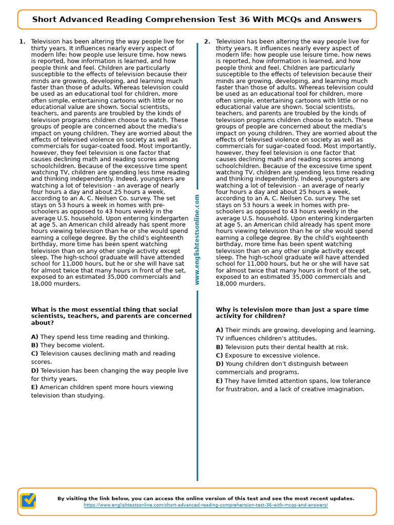 879 Short Advanced Reading Comprehension Test 36 With Mcqs and Answers ...