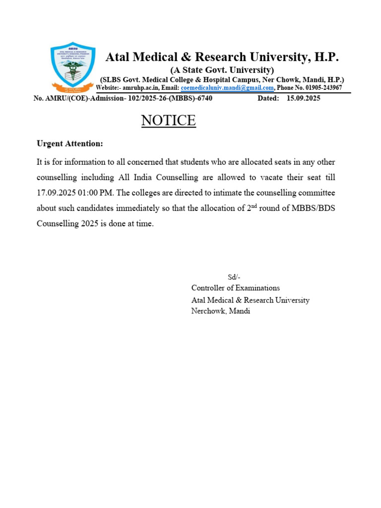 Notice of Seat Vacant Before 2nd Round Mbbs Bds 2025 | PDF