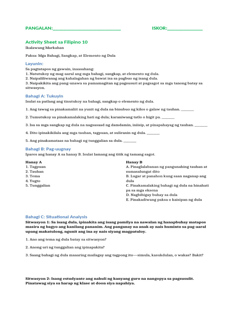 Activity Sheet Filipino10 Dula (1) | PDF