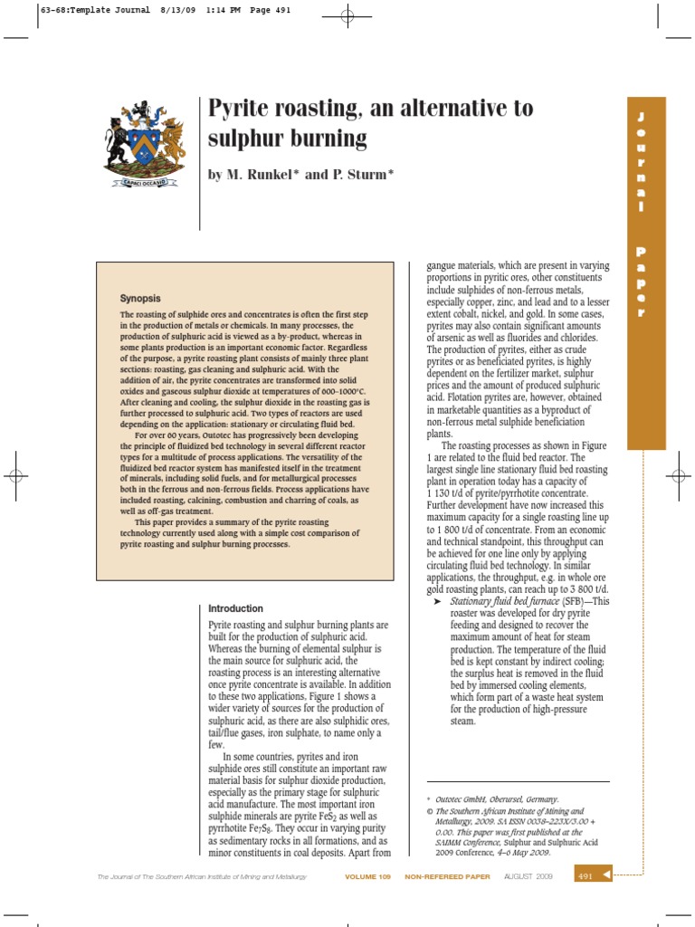 Pyrite Roasting, An Alternative To Sulphur Burning: by M. Runkel and P ...