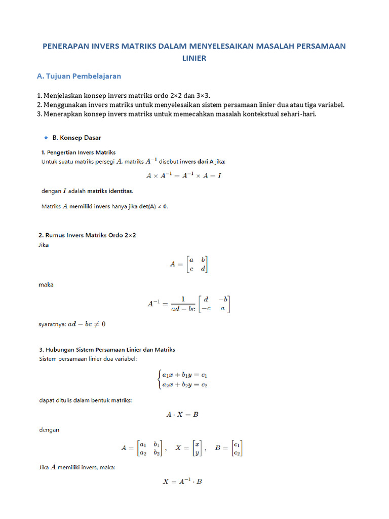 Bahan Ajar Invers Matriks Persamaan Linier (1) | PDF