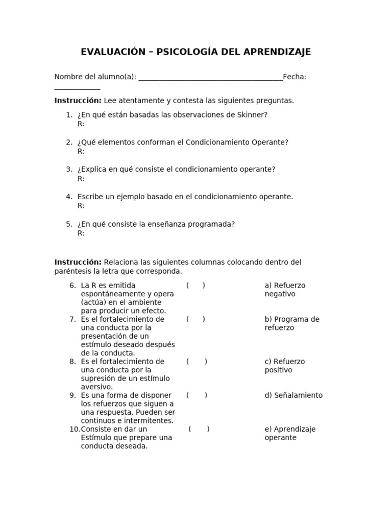 Evaluacion Skinner Sin Respuesta | PDF | Aprendizaje | Reforzamiento
