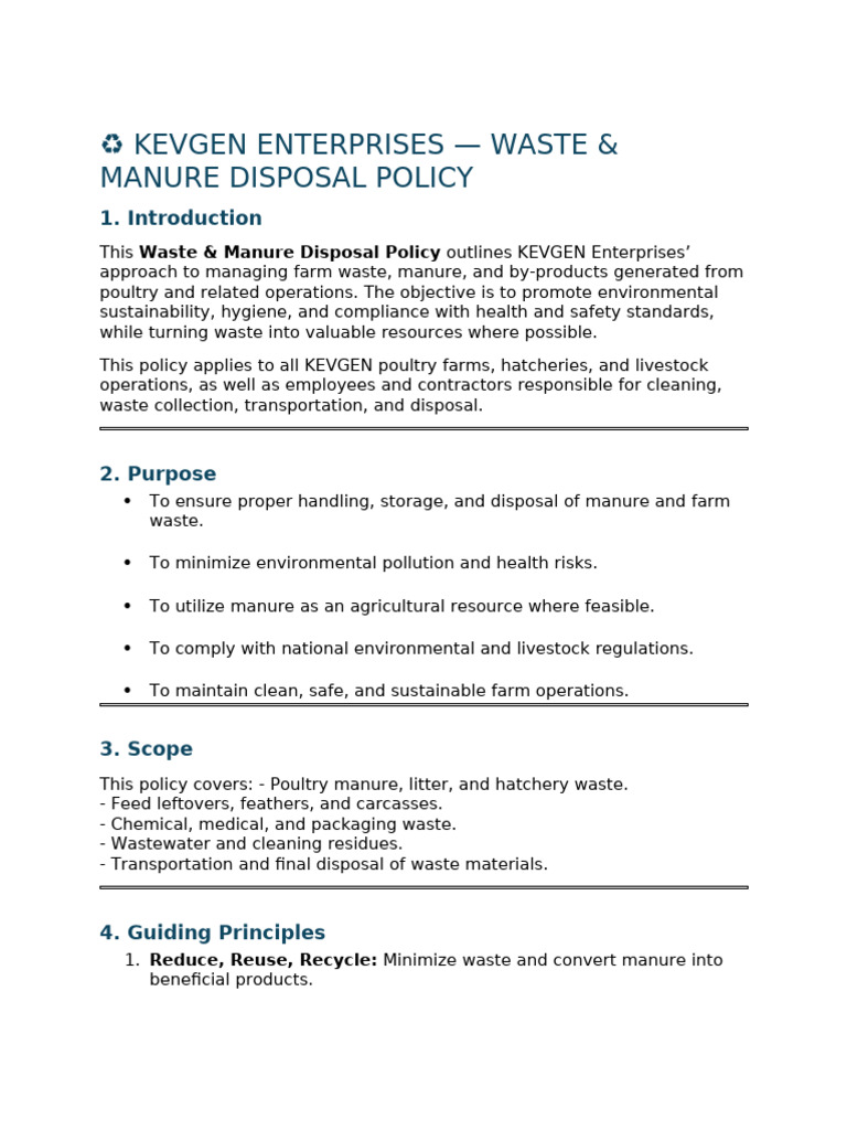 Kevgen Waste Manure Disposal Policy | PDF | Waste | Waste Management