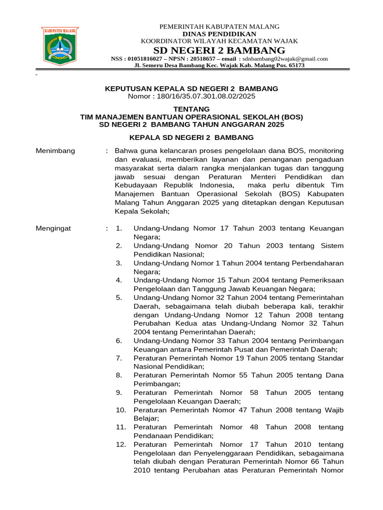 Tim Manajemen BOS SDN 2 Bambang 2025 | PDF