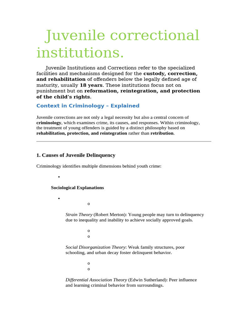 Juvenile Correctional Institutions Overview | PDF | Juvenile ...