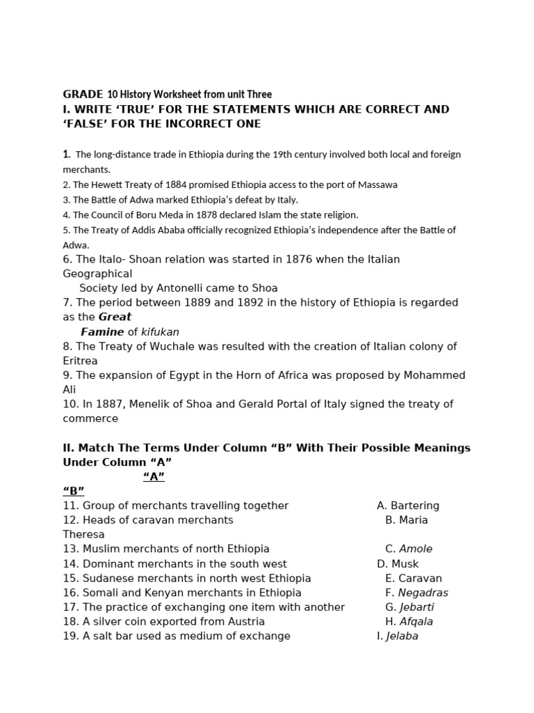 Grade 10 Ethiopian History Worksheet | PDF | Ethiopia