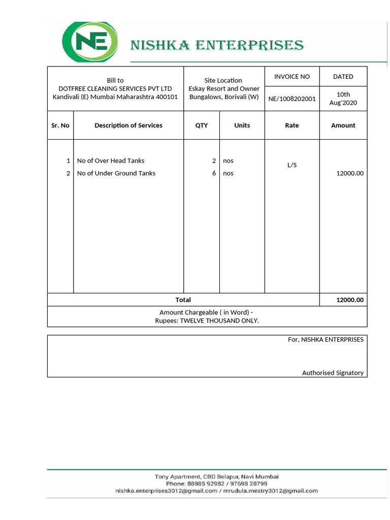 Invoice for Cleaning Services - Aug 2020 | PDF