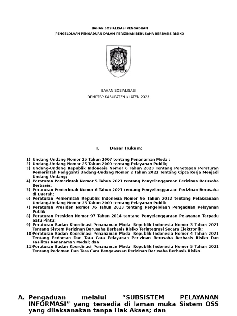 Sos Pengaduan OSS | PDF
