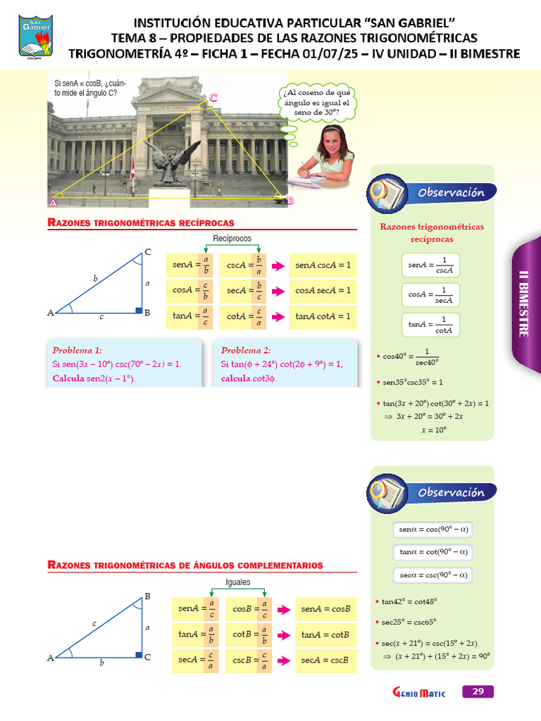 IV UNIDAD - TEMA 8 - PROPIEDADES DE LAS RAZONES TRIGONOMÉTRICAS - FICHA 1 | PDF | Trigonometría ...