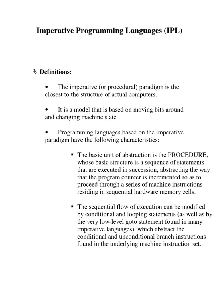 Imperative Programming Languages Ipl © Definitions Pdf C Programming Language Subroutine