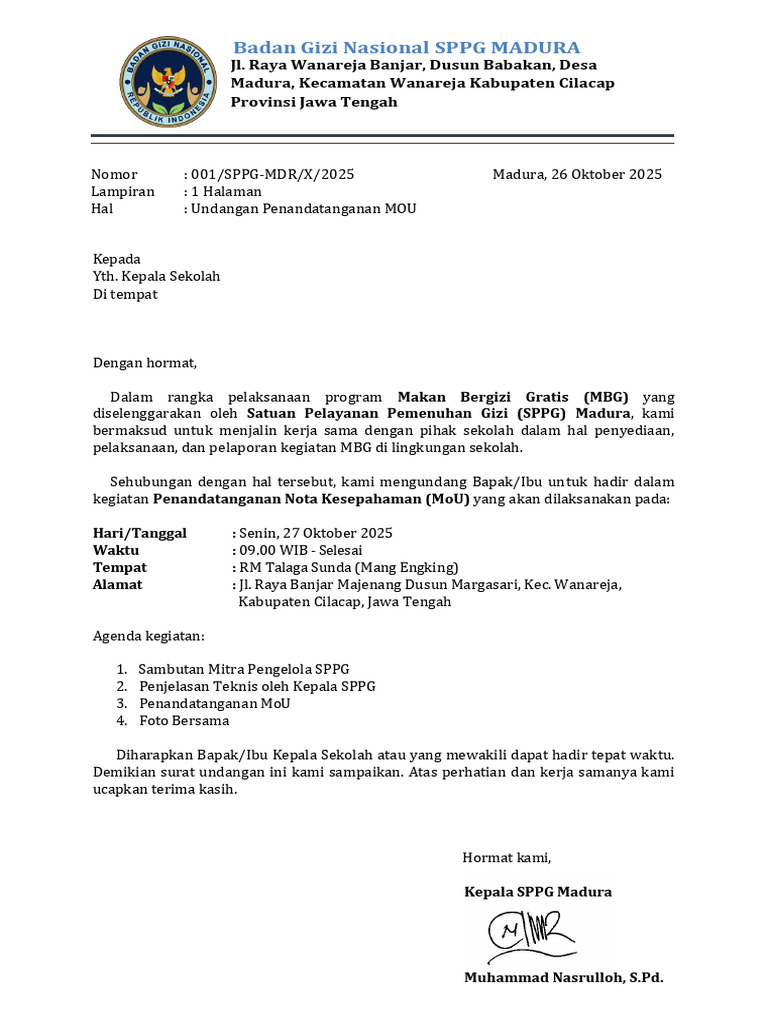 Undangan MoU SPPG Madura 2025 | PDF