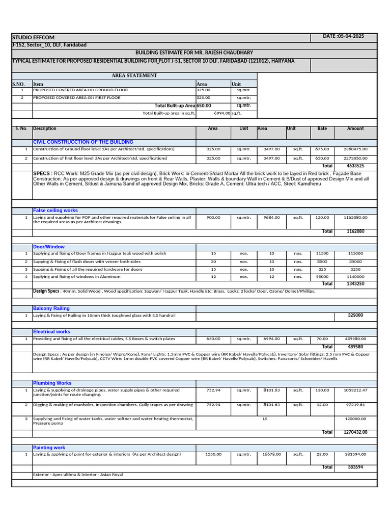 ESTIMATE FOR MR. Rajesh_STUDIO EFFCOM | PDF | Pipe (Fluid Conveyance) | Building Engineering