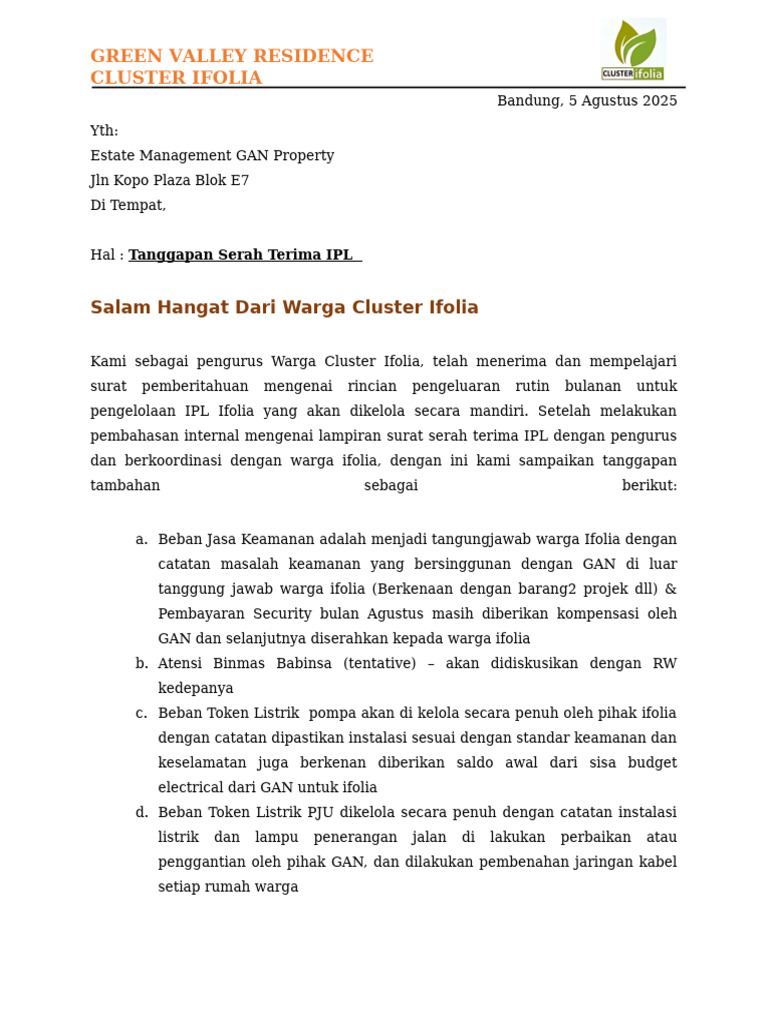 Tanggapan Warga Cluster Ifolia IPL | PDF