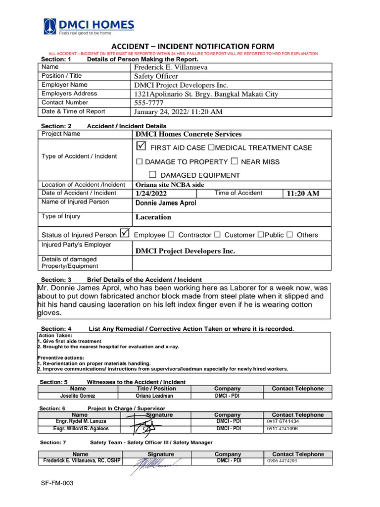 EHS 003 Incident Investigation Report Donnie James Aprol With Sign | PDF