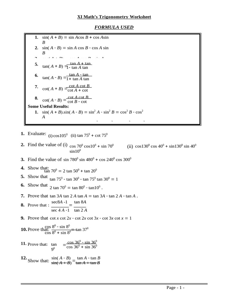 Trigonometry Work Sheet | PDF