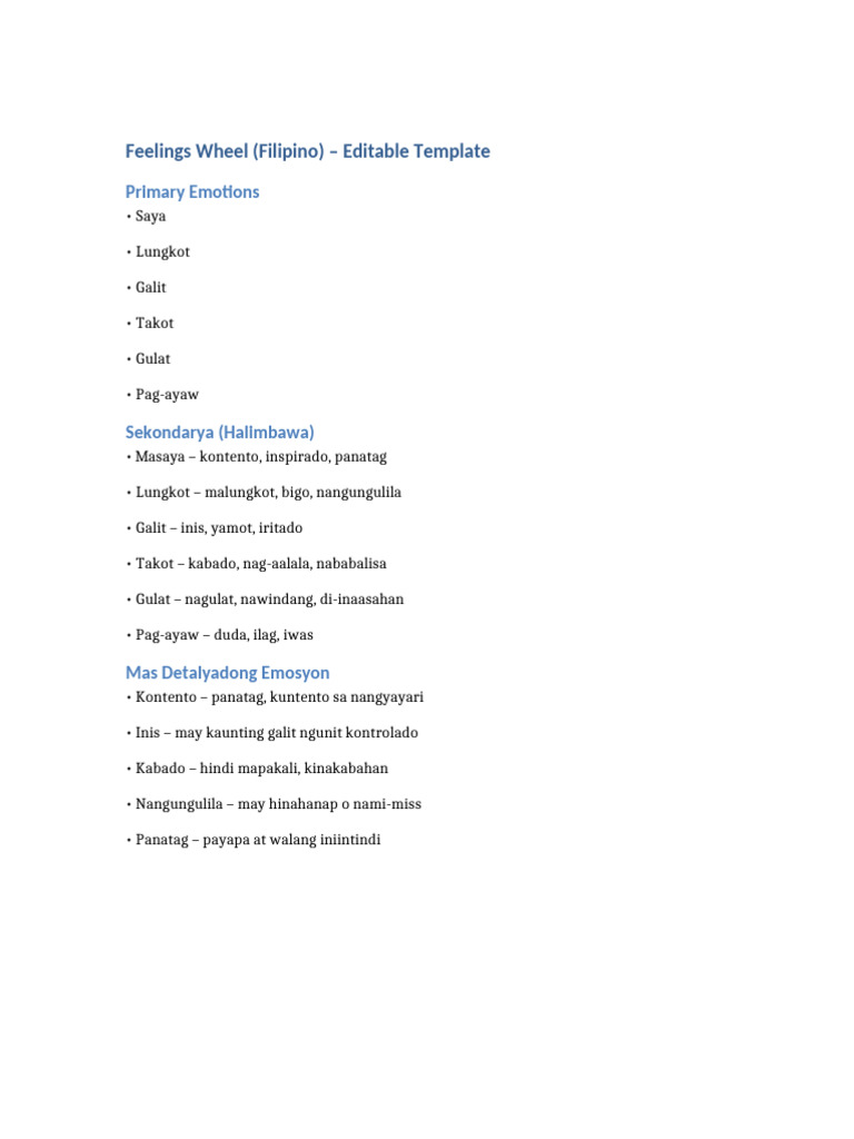 Feelings Wheel Filipino Template | PDF