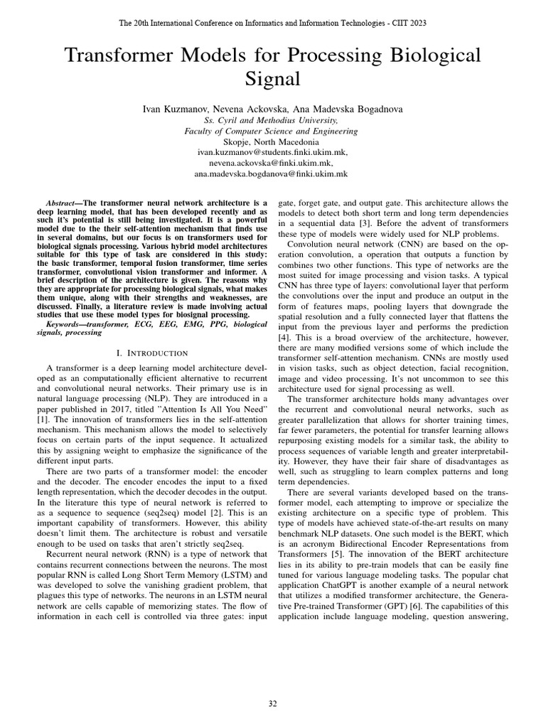 Transformer Models For Processing Biological Signal | PDF ...