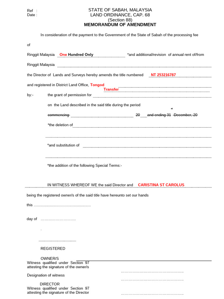Memorandum of Amendment: State of Sabah, Malaysia Land Ordinance, Cap ...