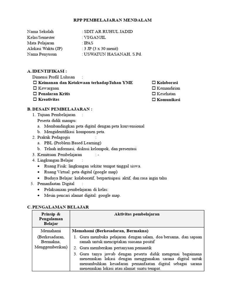 RPP Pembelajaran Peta Digital IPAS VI | PDF