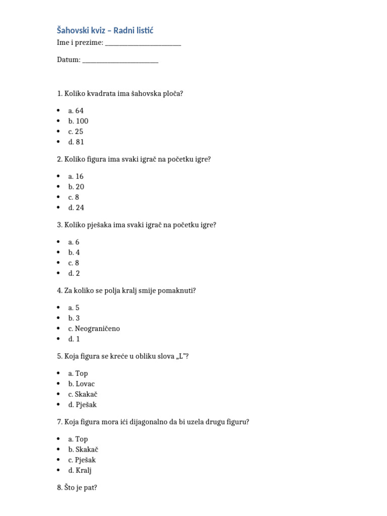 Sahovski Kviz Radni Listic | PDF
