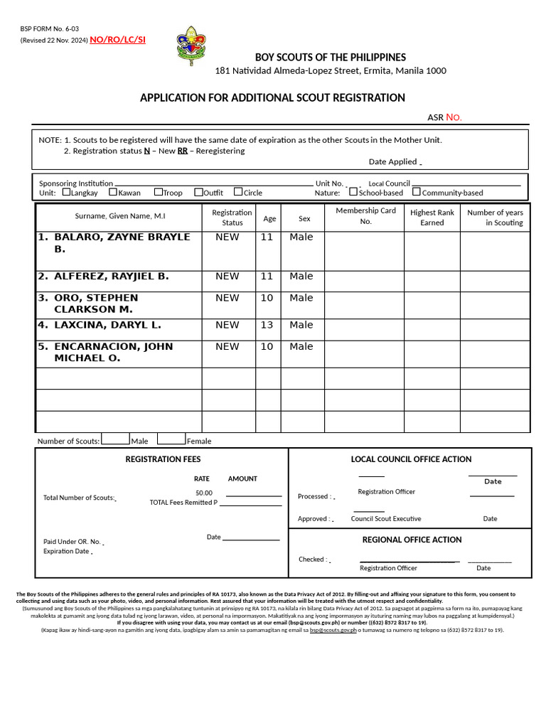 Application For Additional Scout Registration - FINAL K2 | PDF | Youth ...