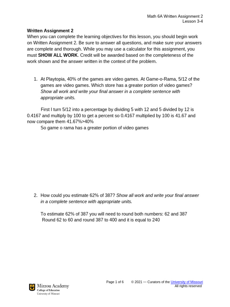 6A Assignment 2 (Lessons 3-4) | PDF