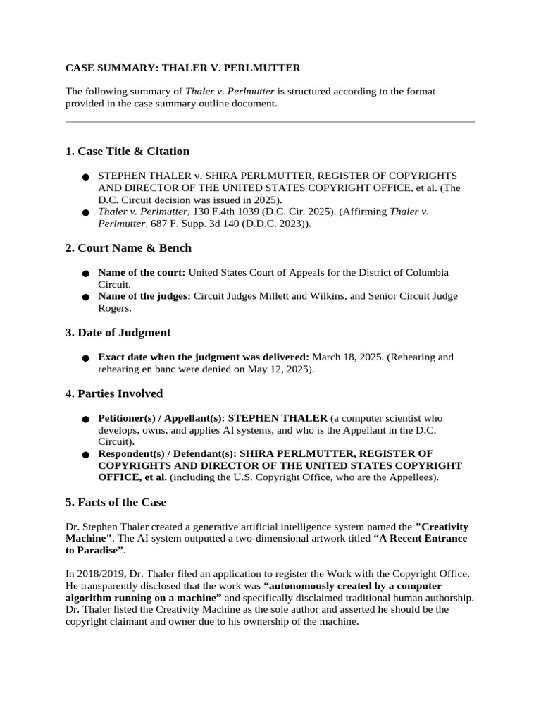 Thaler v. Perlmutter Case Summary | PDF | Copyright | Copyright Law Of ...