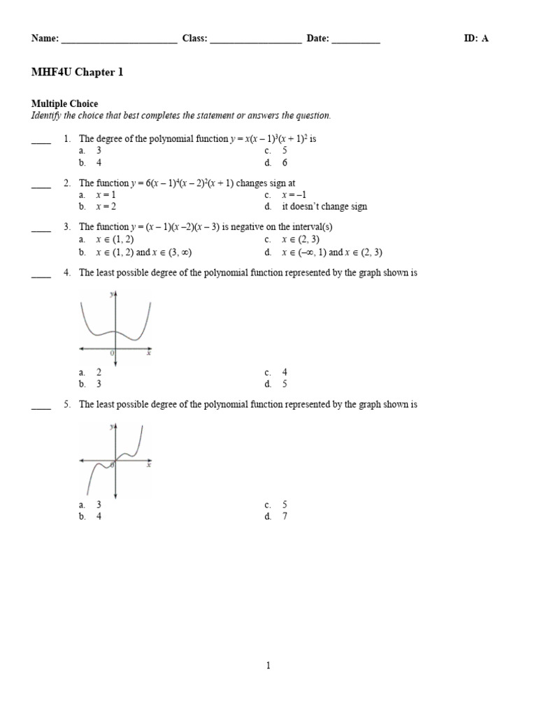 MHF4U Chapter 1 Test Only (v8.1) | PDF | Polynomial | Function ...