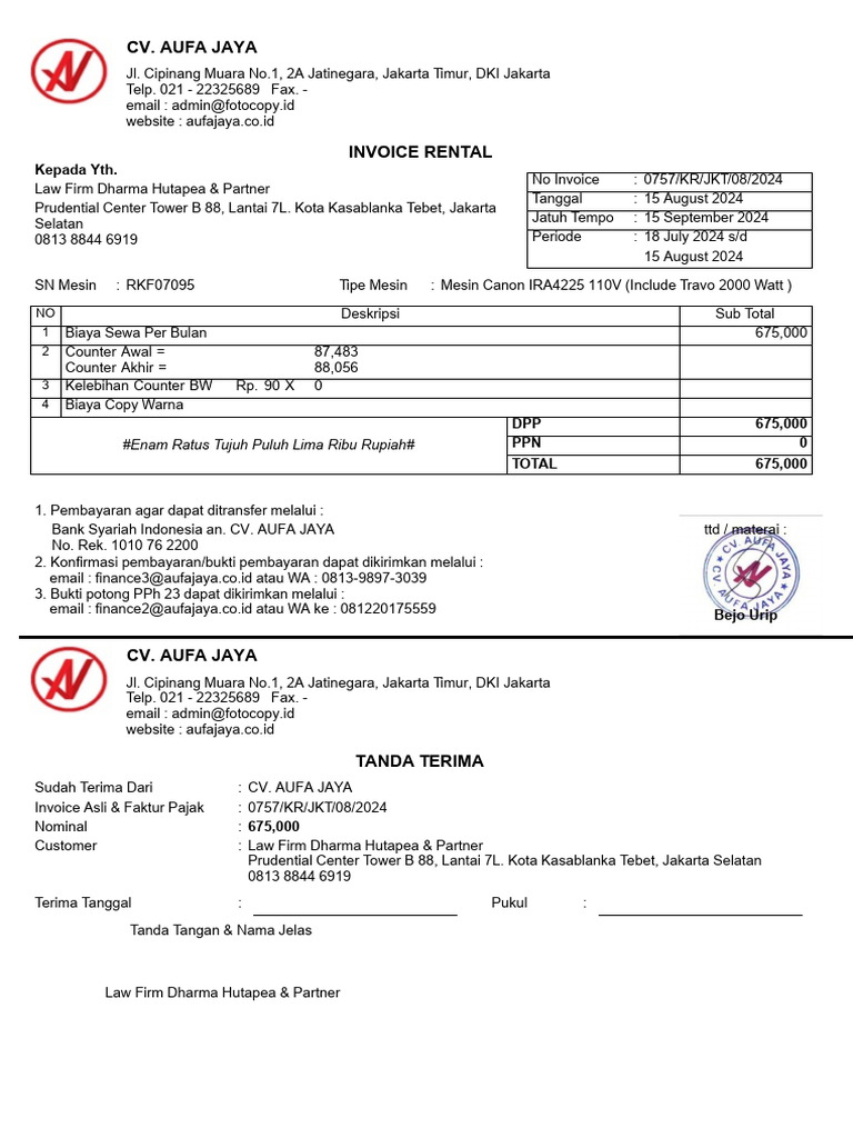 Invoice Sewa Mesin Fotocopy 2024 | PDF