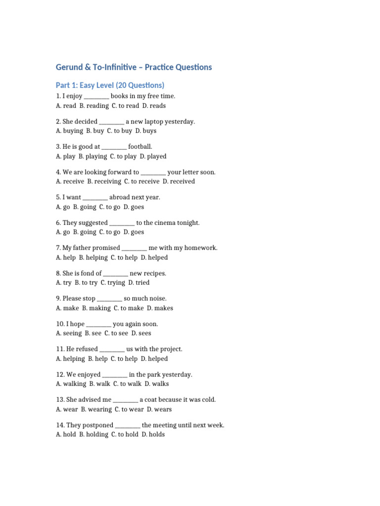 Gerund and To-Infinitive Practice Quiz | PDF