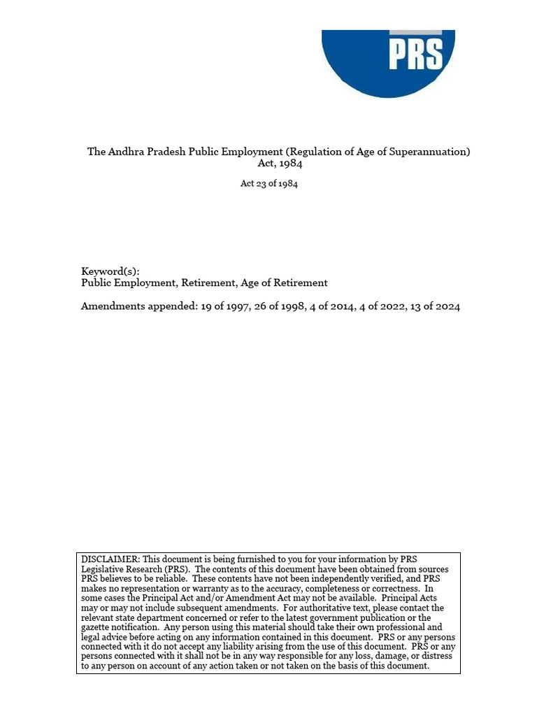 Andhra Pradesh Retirement Age Act 1984 | PDF | Government | Justice