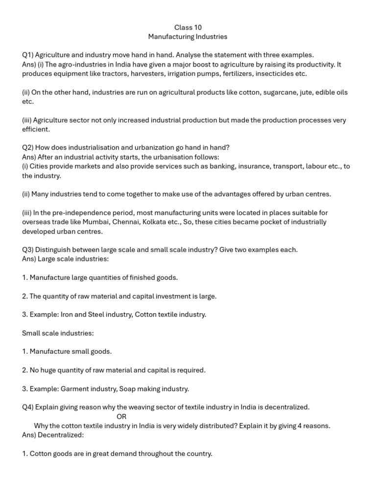 Class 10 Manufacturing Industries QnA | PDF | Textile Industry | Textiles
