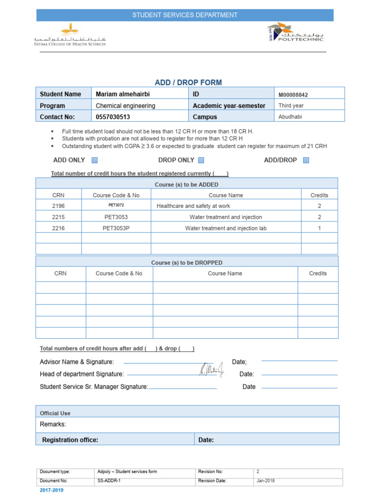 Adpoly Student Add/Drop Form | PDF
