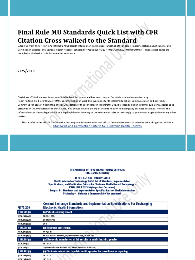 Final Rule MU Standards Quick List With CFR Citation Cross Walked To ...