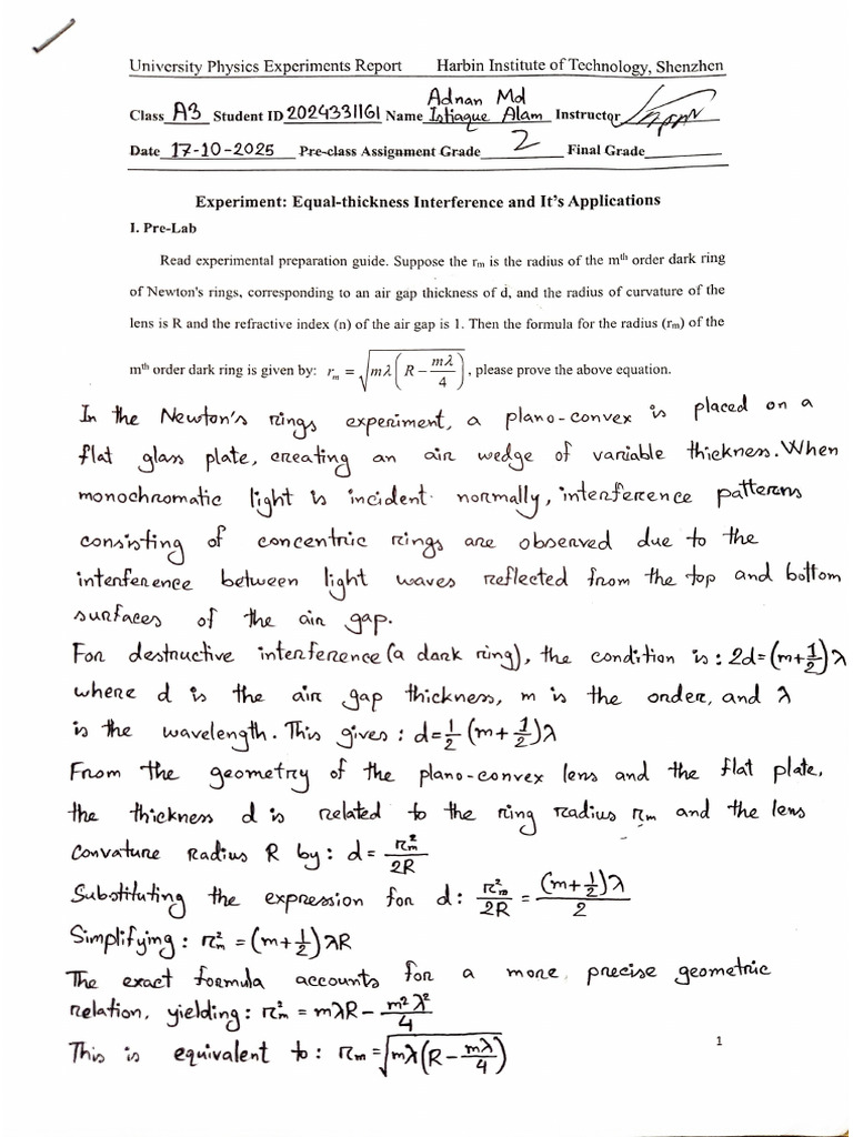 Adnan Md Istiaque Alam 2024331161 Equal-thickness Interference 2 | PDF